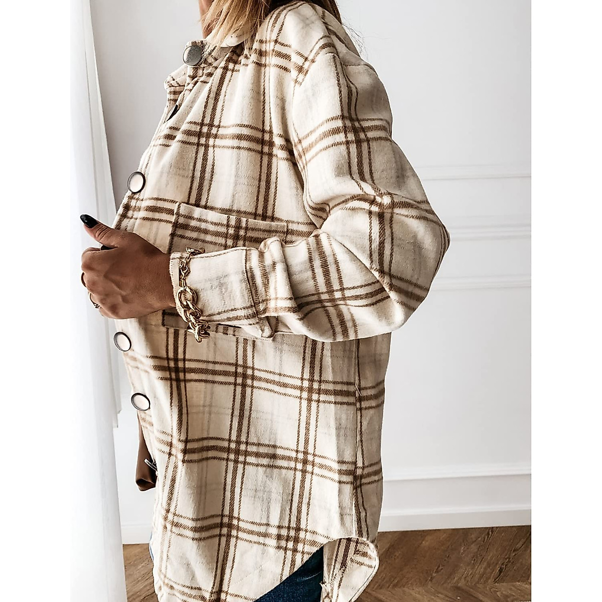 Ladies button shirt long-sleeved plaid top regular-fit casual T-shirt with pockets Khaki Medium