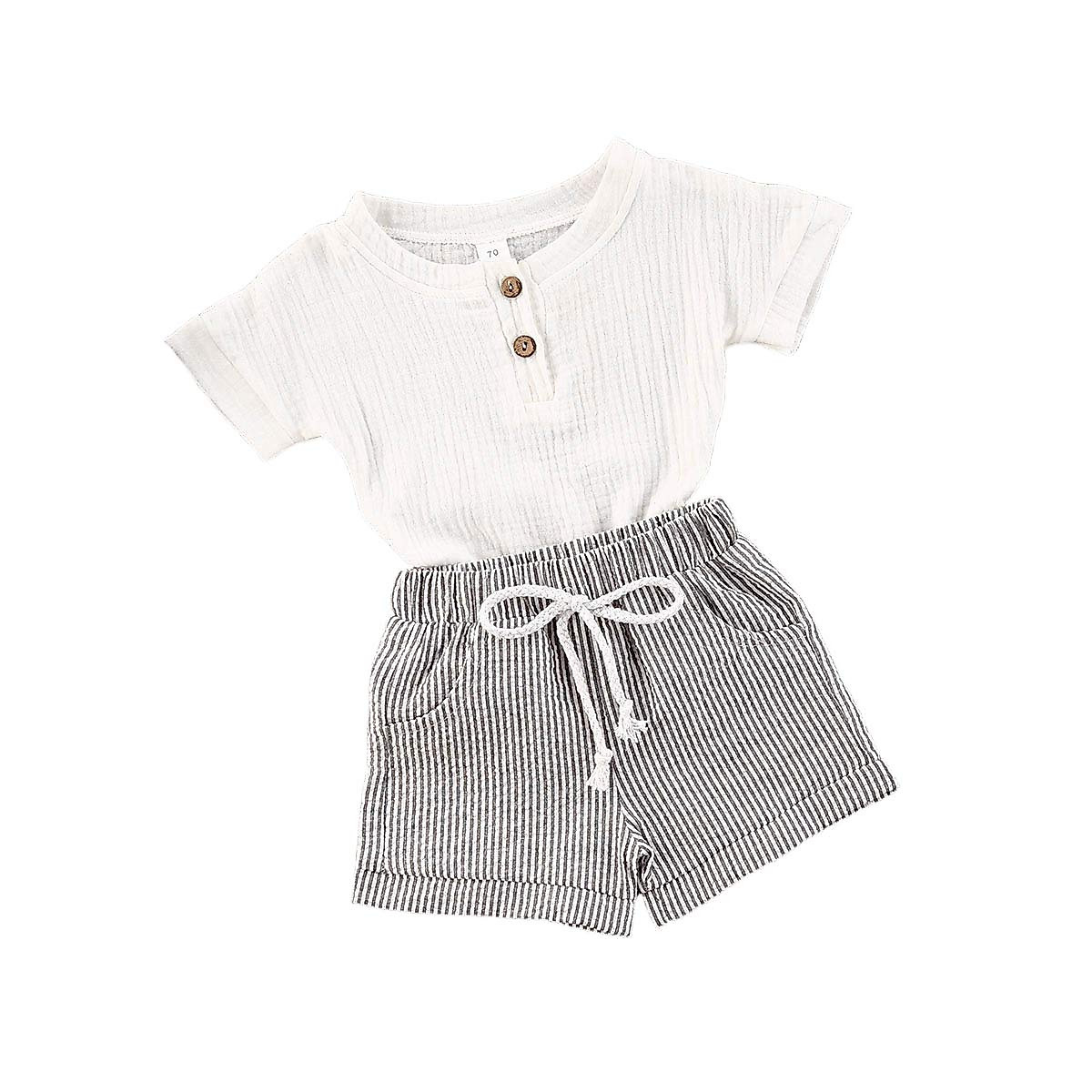Baby Boys Short Sleeve T-Shirt Tops Elastic Waistband Shorts Set Toddler2Pcs Summer Outfits Clothes (Linen White + Strips, 12-18M)