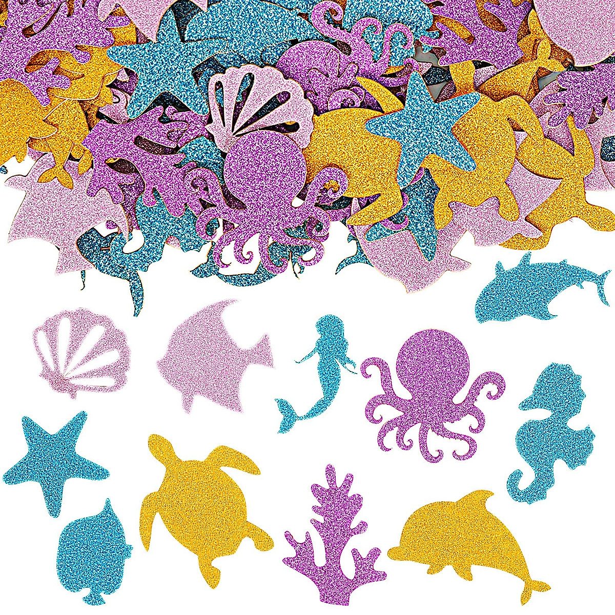Whaline 300Pcs Sea Theme Confetti Sea Animal Table Confetti Glitter Starfish Turtle Dolphin Seagrass Table Decorations for Birthday Party Scatter Beach Theme Party Wedding Decorations DIY Crafts