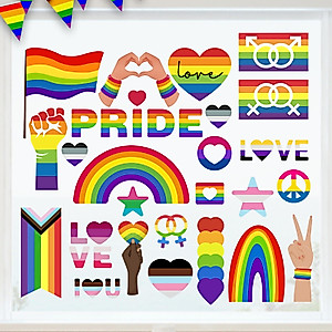 Mfault Gay Pride LGBTQ Rainbow Window Clings 4 Sheets, Progress Pride Flag Equality Diversity Love Hearts Stickers Decals Decorations, Lesbian Pansexual Bisexual Pride Month Home Kitchen Decor