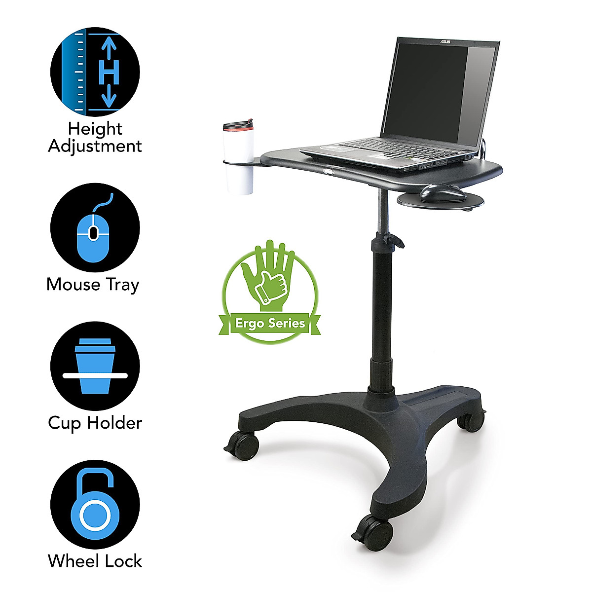 EHO Mobile Laptop Standing Desk Carts on Wheels, Pneumatic, Height Adjustable Rolling Stand, Sit to Stand Computer Cart, Classics XL Workstation for Home, Office, Medical and School Classroom
