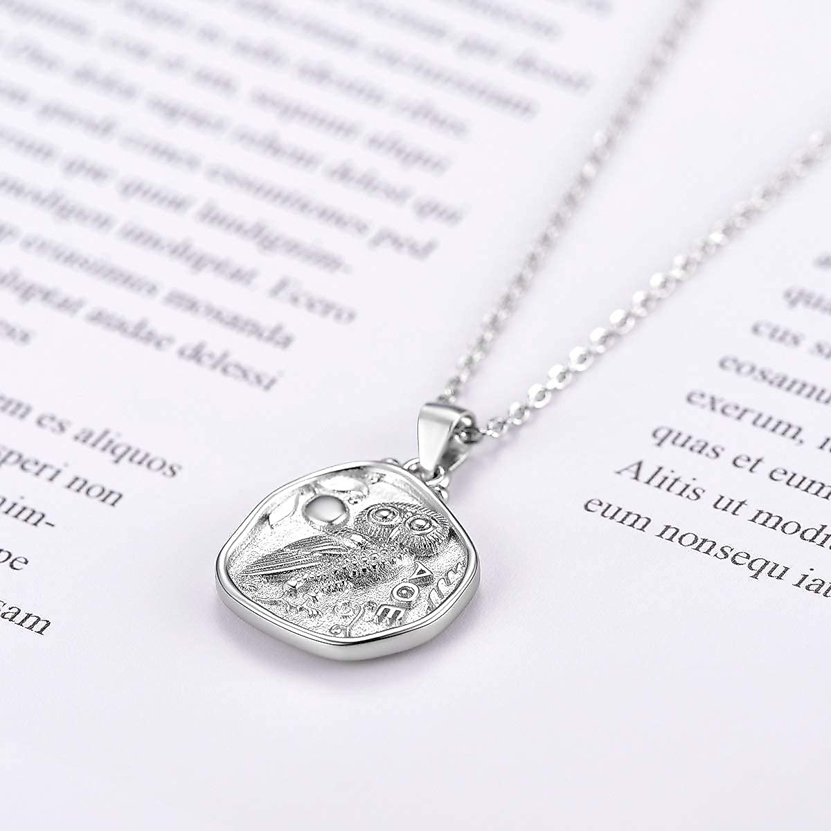 FOCALOOK Athena and her Owl,Goddess of Wisdom,Mark of Athena,Greek Coins,Greek Mythology Sterling Silver Coin Pendant Necklace