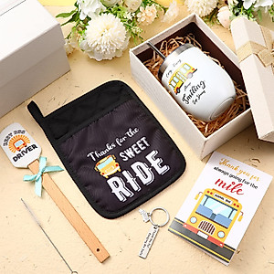 6 Pcs Bus Driver Appreciation Gifts School Bus Tumbler Cup with Keychain Bus Driver Pot Holder with Pocket Heat Resistant Oven Pads Silicone Spatula Rubber Greeting Card for Bus Driver Teacher Gifts