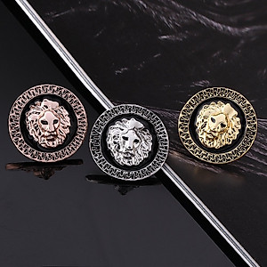 Yellow Gold Plated Black Round Earrings Stud Push Back Lion 1" L319