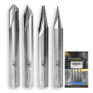 SPEED TIGER Carving Router Bit Set - ICARVE 60° & 90° V Groove, 15° Detail Carving Liner, 20° Flat Tip Profile Bit (4 Pieces) – Mill Bits Sets for DIYers & Professionals