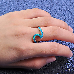 Blaike Blue Opal Wave Ring, 925 Sterling Silver Wave Ring Blue for Women Size 5/6/7/8/9/10