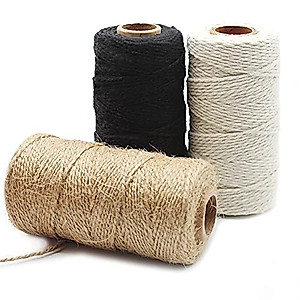 Anvin 984 Feet Cotton Twine Natural Jute Twine Packing Twines Bakers Twine Black Twine White Twine for Holiday Gift Wrapping Butchers Baking Arts and Crafts Gardening(Pack of 3, 10 Ply 2mm Thick)