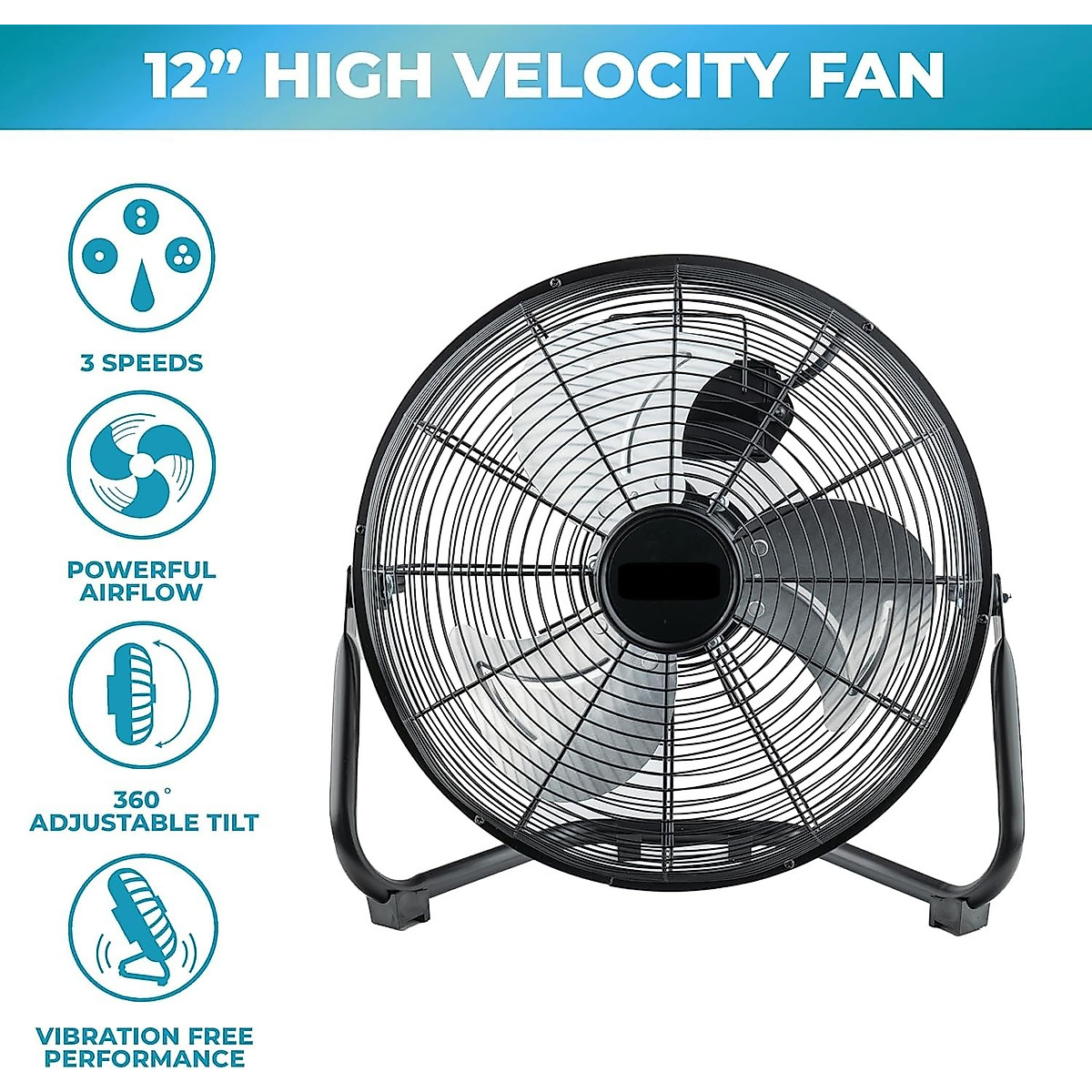 EZ-CHILL 12” Cradle Floor Fan, 3 Speed, High Velocity, 180 Degree Adjustable Tilt, All-Metal, Carry Handle, Rubber Feet, Airflow 15.42 ft/sec, Ideal for Home, Bedroom & Office, MTFDB-12