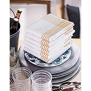 Softopia Cotton Set of 4 Border Waffle 100% Cotton Kitchen Dish Towels 18x26 Inches Absorbent Durable, Cleaning Towels with Hanging Loop, White Mustard Yellow