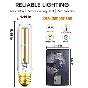 Leools T10 Led Bulb,Dimmable Tubular Vintage LED Edison Bulbs 6W,Equivalent 60 Watt,600LM,Warm White 2700K,Clear Glass,E26 Base Bulb, for Cabinet Display Cabinet etc,3 Pack.