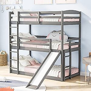 Triple Bunk Bed with Slide,Twin-Over-Twin-Over-Twin Bunkbeds with Ladder and Safety Guardrails for Kids/Teen/Adults Bedroom,Can Divided into 2 Beds,No Box Spring Needed,Pine Wood,Gray