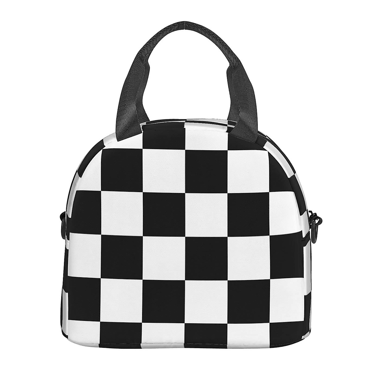 Bagea-Ka Black White Race Checkered Flag Pattern Lunch Bag for Women Men Insulated Reusable Lunch Box Cooler Tote Bag with Removable Shoulder Strap for Office Work School Picnic Beach