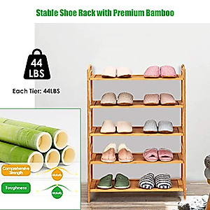 Giantex Bamboo Shoe Rack 5 Tier, Freestanding Shoe Rack with Two Rounded Handle for 15 Pairs, Entryway Standing Shoe Storage Organizer for Kitchen, Living Room, Entryway (5-Tier)