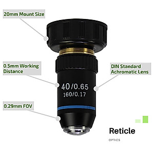 40X Microscope Objective Lens | DIN Standard 160/.17 | 20.2MM Interface | Lab Quality Objective Lens for Compound Biological Microscopes Y