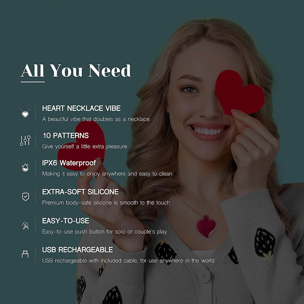 Tracy's Dog Heart Necklace Vibe, Fashion Personalized Necklaces Rechargeable 2-in-1 Necklace Jewelry Massager, Red, Rose Gold Beatinglove