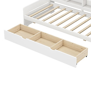 Harper & Bright Designs Twin Daybed Bed with Bookcase and 3 Drawers, Wooden Twin Size Captain Daybed with Storage,Space Saving Twin Bed Frame for Girls Boys,White
