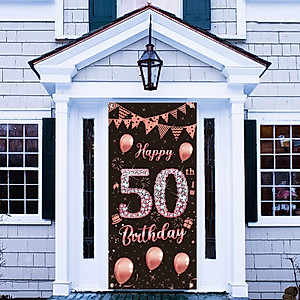 Rose Gold 50th Birthday Door Banner Decoration for Women, Large Happy 50 Birthday Door Cover Party Supplies, Fifty Year Old Birthday Poster Backdrop Decor