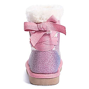 KRABOR Girls Glitter Snow Boots Cotton Lining Warm Winter Non~Slip Shoes with Cute Bow for Toddlers/Little Kid (Pink Size 2)