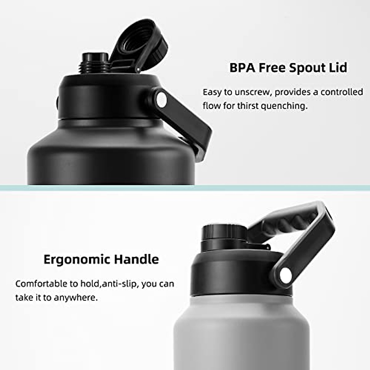 BJPKPK One Gallon(128oz) Insulated Water Bottle, Dishwasher Safe Stainless Steel Thermos, BPA Free Jug with Ergonomic Handle & Anti-slip Bottom, Large Water Bottle, Grey