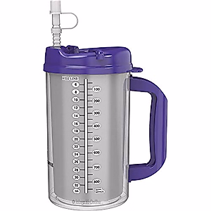 32 oz Double Walled Hospital Mug with Straw - Purple Lid and Handle - Mugs N Coffee