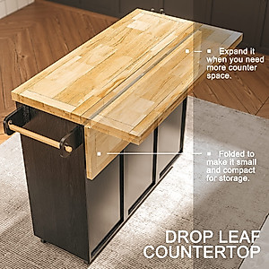 IRONCK Rolling Kitchen Island Cart with Drop-Leaf Countertop, Barn 3Drawers, Barn Door Style Cabine,Thicker Rubberwood Top, Spice Rack, on Wheels, for Kitchen and Dining Room, Black