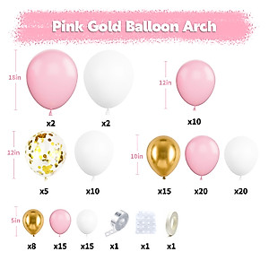 Pink and White Balloon Arch Kit, 121PCS Pink and Gold Balloon Garland Pastal Pink White Gold Confetti Balloons for Girls Birthday Baby Shower Wedding Bridal Shower Party Decorations