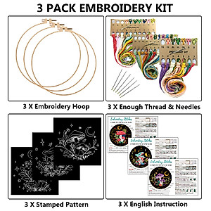 Nuberlic 3 Pack Embroidery Kit for Adults Beginners, Stamped Cross Stitch Mushroom Patterns with Hoop, Thread, Needles & Step-by-Step Guide Easy DIY Starter Kit