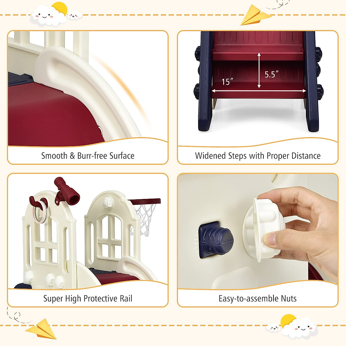 BABY JOY Toddler Large Slide, 6 in 1 Slide for Kids with Basketball Hoop, Ring Toss, 2 in 1 Convertible Climbing Way, Freestanding Kids Slide Climber Set for Indoors Outdoor Boys Girls Gifts Present