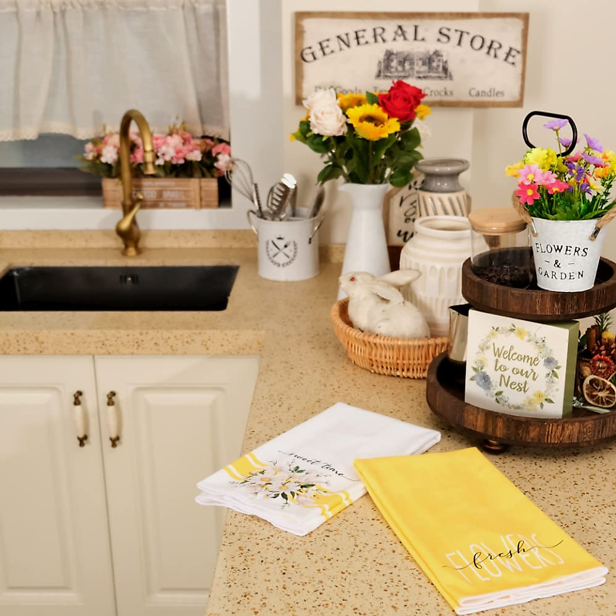 GEEORY Spring Kitchen Towels for Spring Decor White Flower Dish Towels 18x26 Inch Ultra Absorbent Bar Drying Cloth Sweet Time Sign Hand Towel for Kitchen Bathroom Party Home Decorations Set of 2