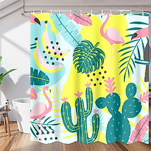 Aglebo Toucan Flamingos Cactuses Leaves Shower Curtain Fabric Shower Curtain Set with 12 Hooks Water-Proof 72 * 72 Inches for Bathroom Beach Caravan Hotel