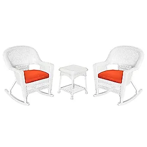 Jeco 3 Piece Rocker Wicker Chair Set With With Red Cushion, White