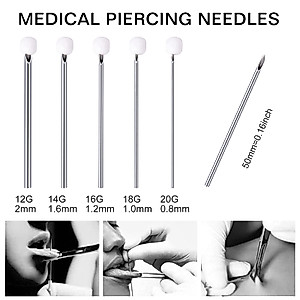 JIESIBAO 25PCS Mixed Piercing Needles, 12G 14G 16G 18G 20G Disposable Sterile Stainless Steel Hollow Piercing Needles for Ear Nose Septum Belly Tongue Eyebrow Nipple Lip Piercing