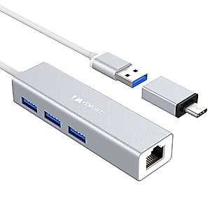 USB 3.0 Hub with Gigabit Ethernet Adapter,VEMONT Aluminum USB 3.0 to 1000M LAN Port & 3 USB 3.0 Ports,USB Splitter with Type C Adapter Compatible for Mac, Chromebook,Surface,and Other PC/Laptop
