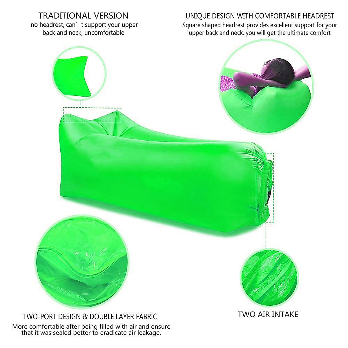 Beiruoyu Inflatable Lounger Air Chair Sofa Bed Sleeping Bag Couch for Beach Camping Lake Garden (Green02)