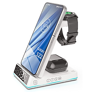 Galvanox 3-in-1 Wireless Charging Station with Alarm Clock for All Samsung Devices - Foldable Design with Nightlight - Compatible with Galaxy Phones/SmartWatch and Earbuds (White)