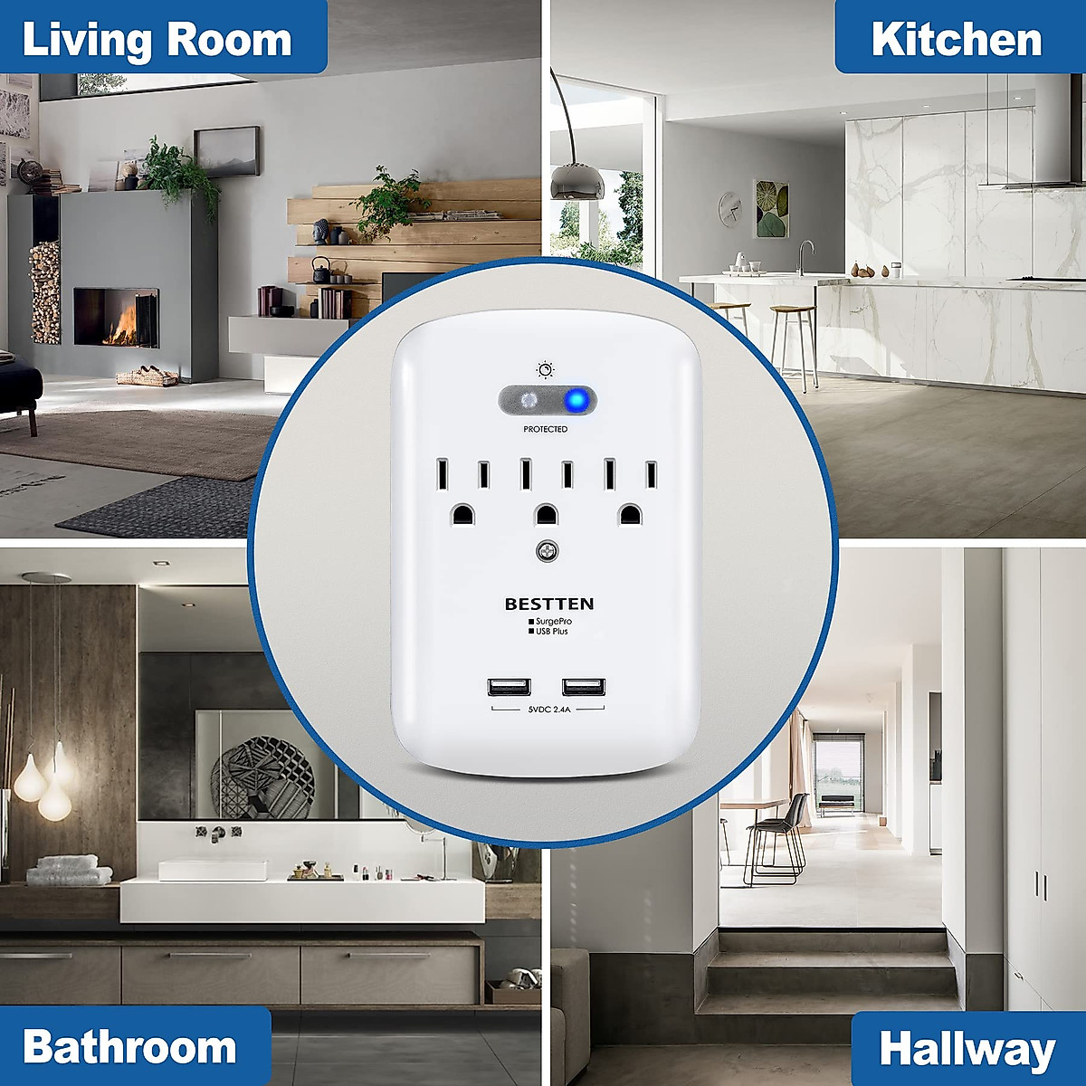 BESTTEN [3 Pack] USB Wall Outlet Surge Protector, 2.4A Dual USB Ports, 3 AC Outlets, 900 Joule Surge Suppression Rating, LED Night Light, ETL Listed