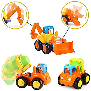 Liberty Imports Set of 4 Cartoon Friction Powered Push and Play Construction Vehicles for Toddlers - Dump Truck, Cement Mixer, Bulldozer, Tractor