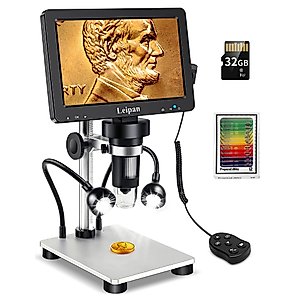 7" LCD Digital Microscope 1200X,Leipan 12MP Coin Microscope for Adults,1080P Microscope with 12pcs Slides,Windows/Mac OS Compatible(32GB Card)
