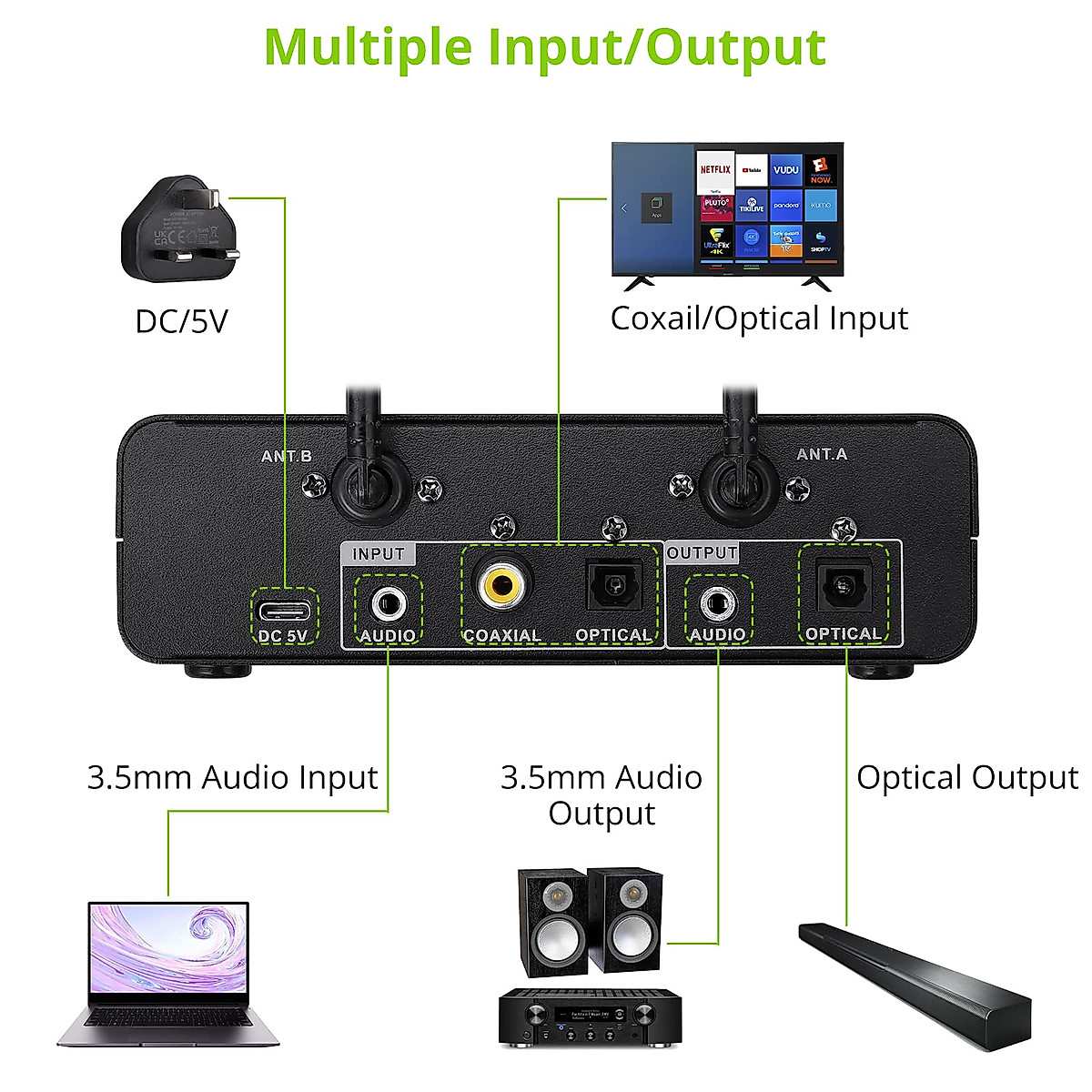 LiNKFOR UHF Wireless Handheld Microphone System, Bluetooth 5.0 | 30 Adjustable Frequencies | Optical/Coaxial/3.5mm AUX & MIC Input | Optical/3.5mm AUX Output for Karaoke, Wedding, Meeting