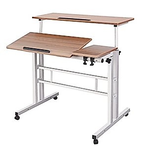 AIZ Adjustable Rolling Desk Cart on Wheels Home Office Computer Workstation, Portable Laptop Tall Table for Standing or Sitting, Oak