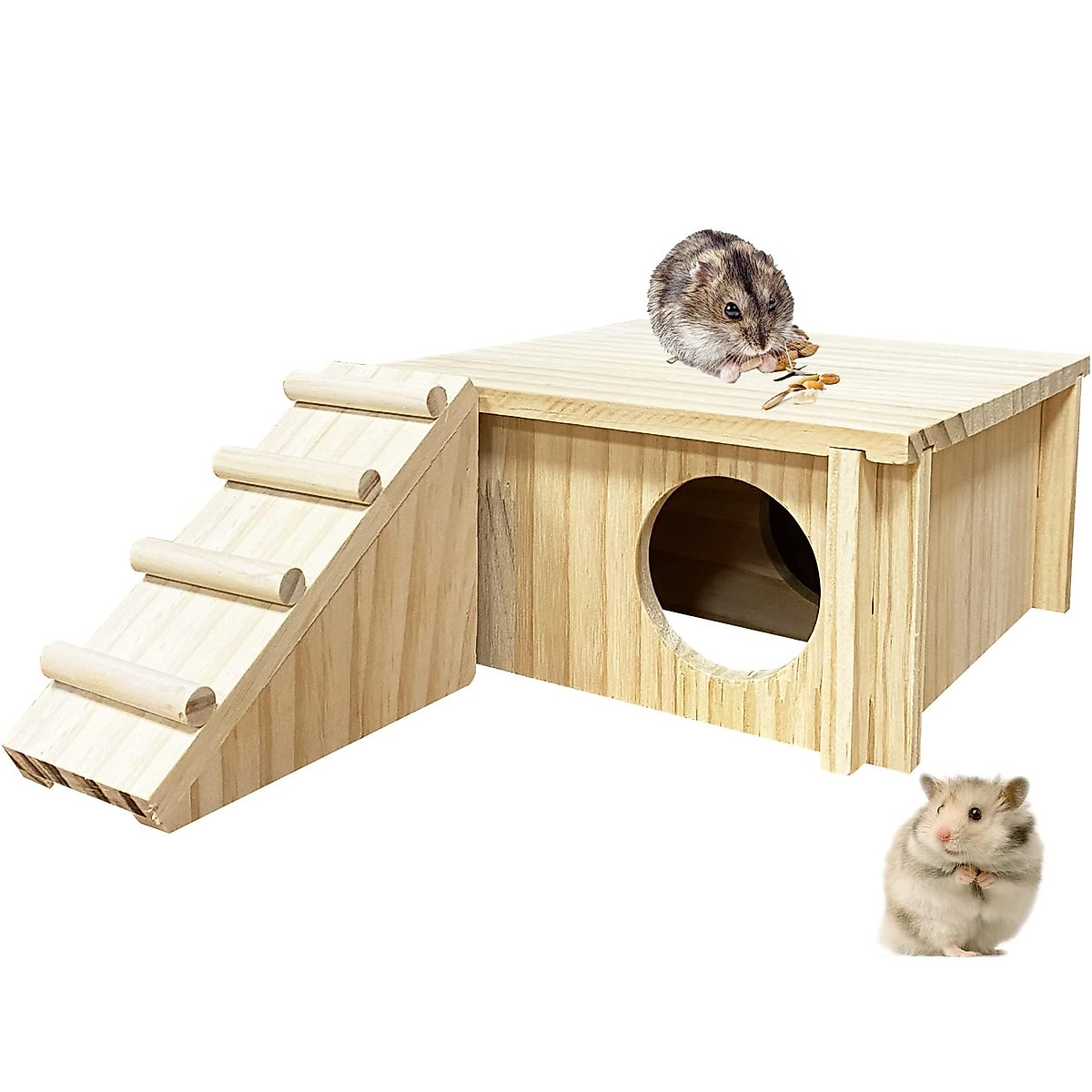 Hamster Wooden House with Ladder Small Animal Hideout Activity Platform Exercise Climbing Hut Natural Living Wood Room for Hamster Gerbil Mice Rat.