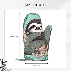 Animal Sloth Mint Green Printed Oven Mitts Heat Resistant Oven Gloves Non-Slip Silicone Kitchen Gloves for Cooking Baking BBQ Gloves 1 Pair