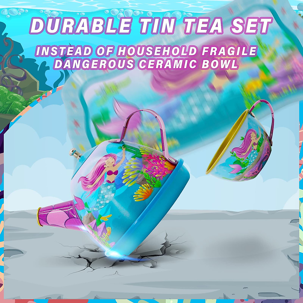 48PCS Tea Party Set for Little Girls - Princess Tea Time Mermaid Theme Tin Tea Set, Role-Playing Teapot Dessert Carrying Box for Girls Ages 3+ Party Gifts, Kitchen Pretend Play, Table-Manner Learning
