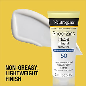 Neutrogena Sheer Zinc Oxide Dry-Touch Mineral Face Sunscreen Lotion with Broad Spectrum SPF 50, Oil-Free, Non-Comedogenic & Non-Greasy Zinc Oxide Facial Sunscreen, Hypoallergenic, 2 fl. oz