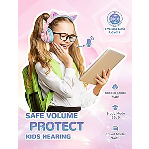 iClever Cat Ear Kids Bluetooth Headphones,LED Light Up On Ear Kids Wireless Headphones with Mic,74/85/94dB Volume Limited,50H Playtime,Bluetooth 5.2,Pink Headphones for iPad/Tablet/PC/Travel,BTH13
