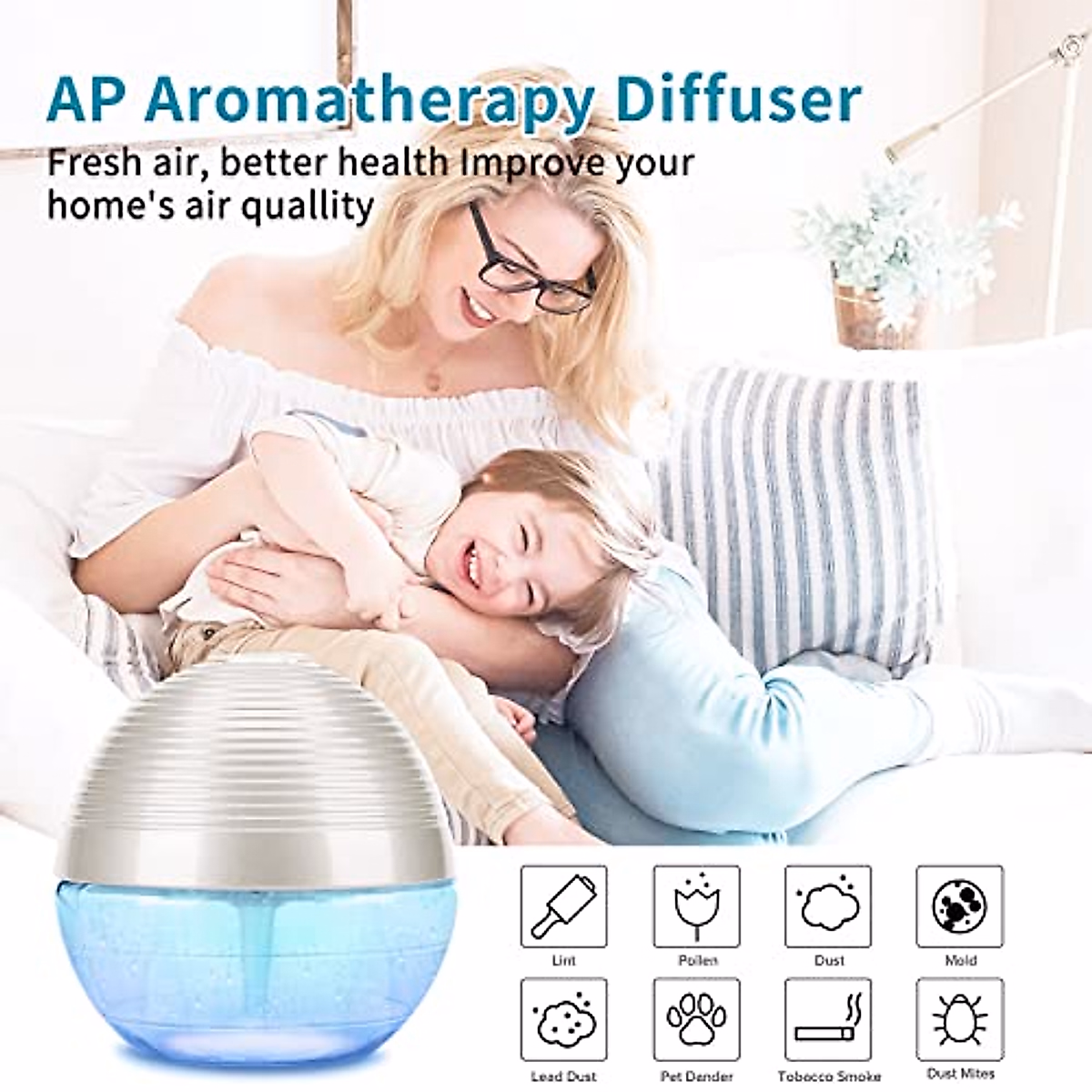 ap airpleasure Water-Based Purifier Air Washer, Revitalizer with 6 Colorful lights- Plus Lavender, Aqua Lily, Bulgarian Rose, English Violet, Jasmine & Camellia, Water Hyacinth, 15ml Each