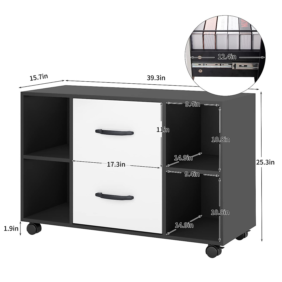 soges 2 Drawer Mobile Lateral File Cabinet, Office Filing Cabinet, Rolling Storage Cabinet, Printer Stand with Open Storage Shelves and Wheels, Black and White, CXWL-FC08BW