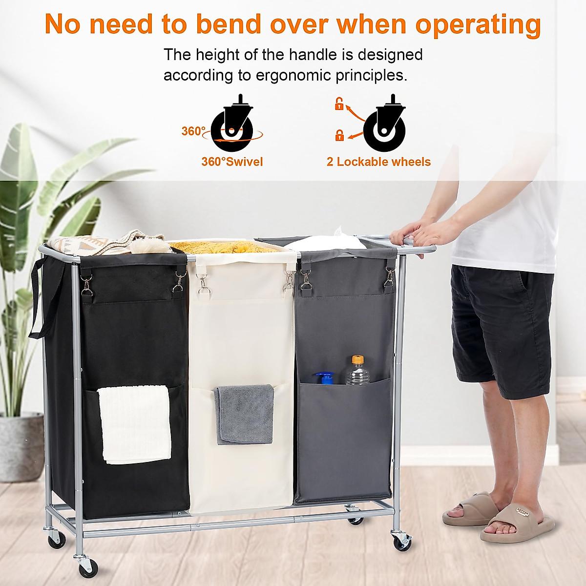 Heybly Laundry Basket,3 x 18.5 Gal Laundry Separator Hamper with Heavy Duty Rolling Wheels,Laundry Divider Sorter with Removable Bags for Dirty Clothes Storage, 40.2 x 15.4 x 33.1 Inches HLH022P03