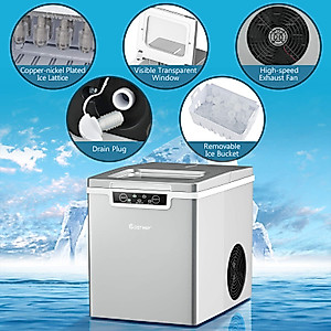 COSTWAY Countertop Ice Maker, 26LBS/24H Portable Electric Ice Machine, 9 Bullet Ice / 7 Mins, Intelligent Alarm System, with Ice Scoop and Basket, for Homes, Offices, Restaurants, Bars (Silver)