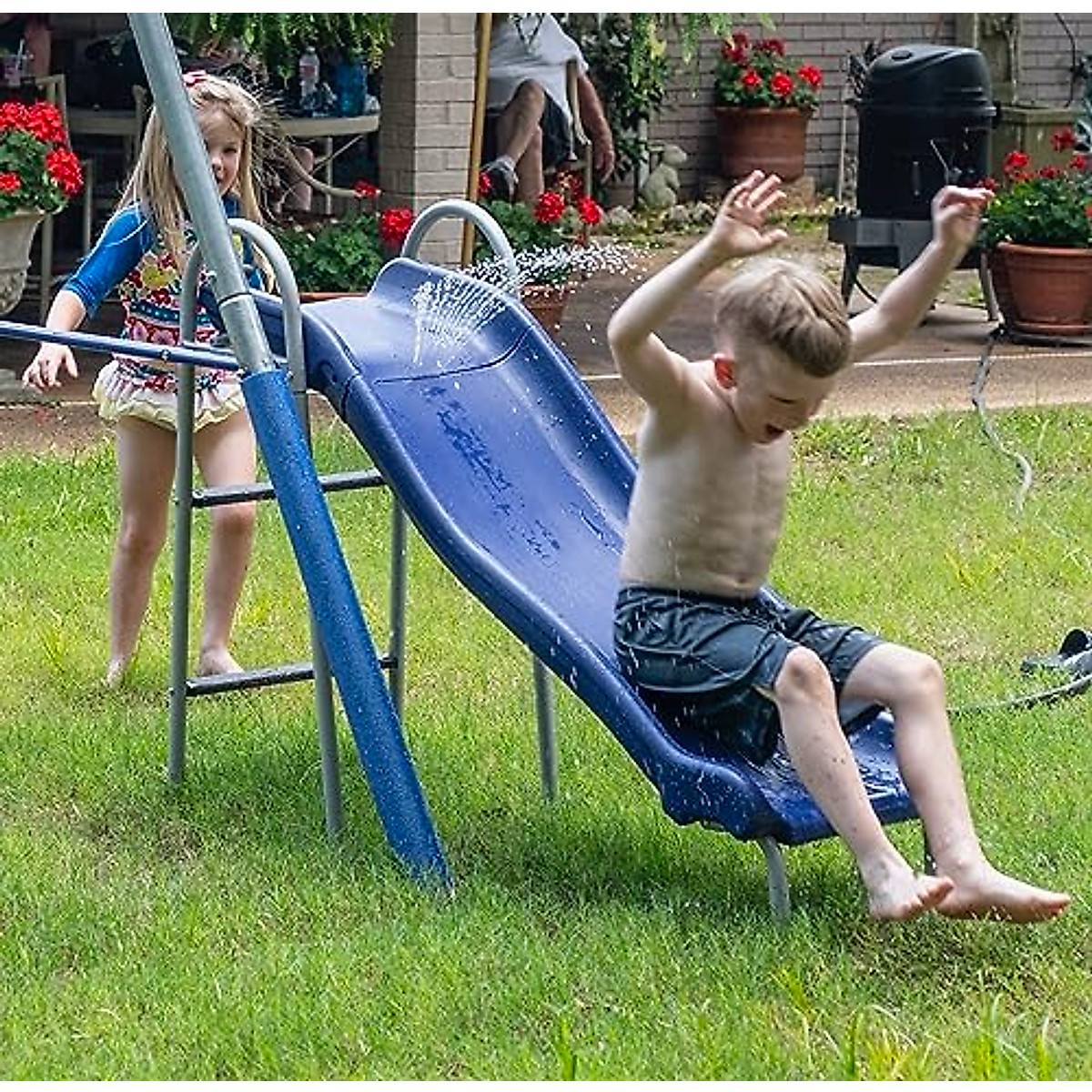 XDP Recreation Free N’ Swing with 5' Water Wave Slide - Outdoor Backyard Kids Fun Swing Set with Galvanized Steel Frame, Gray
